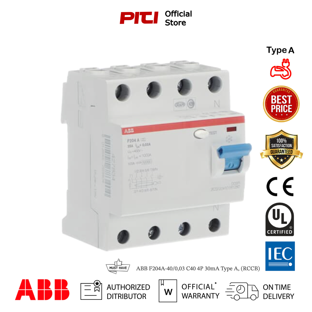 ABB RCCB F204A 63A 4P Type A-63/0.03 เหมาะกับงานติดตั้ง EV Charger ที่มี RCD DC6mA ในตัว ...