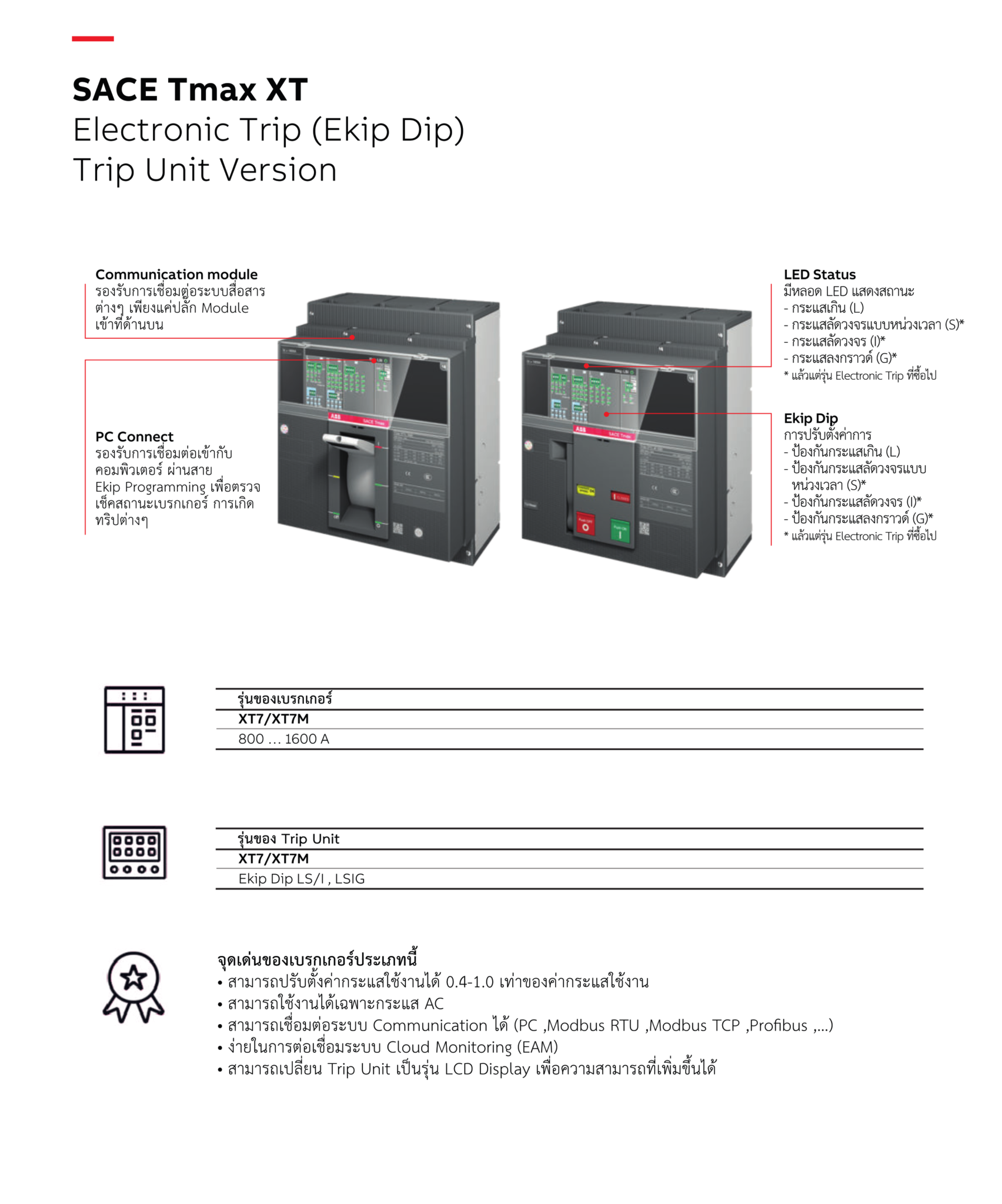 ABB เบรกเกอร์ Tmax XT7S 1000 Ekip Dip LS/I In=1000A 3P (50kA) Breaker ...